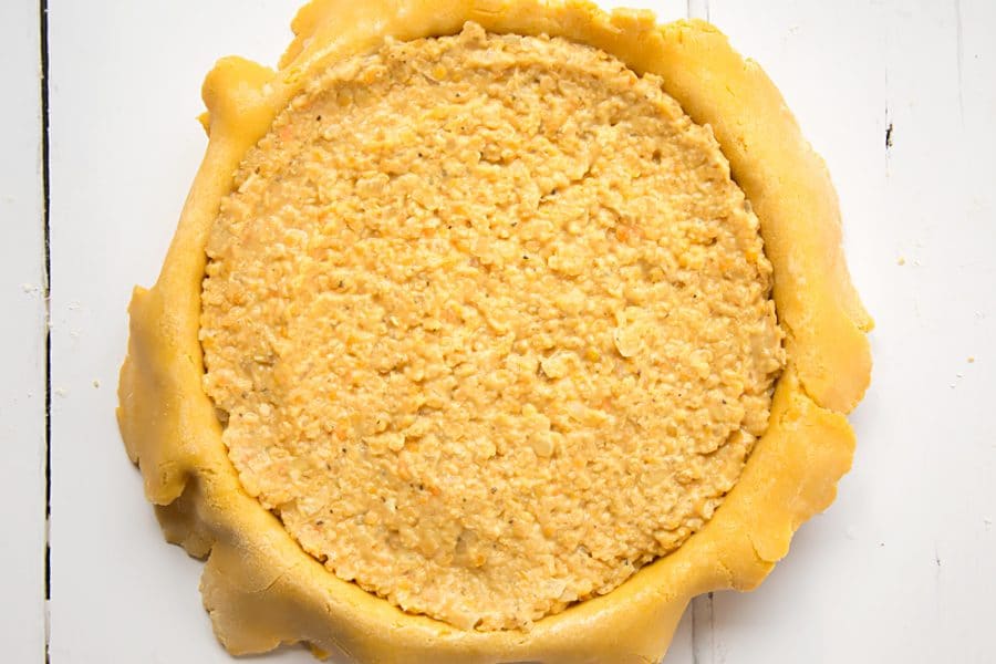 Cheesy Red Lentil Pie with Cornmeal Pastry